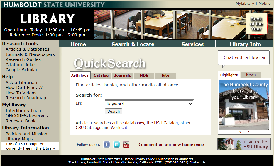 History of Library's Homepage | Cal Poly Humboldt